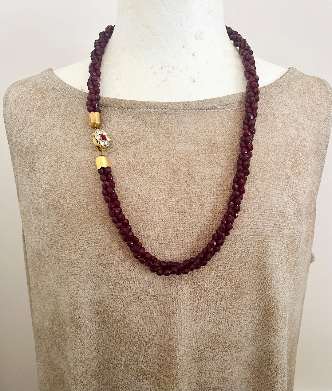 Stunning Prague Garnet Beaded Long Beaded Necklace. Garnet Floral Slide ...