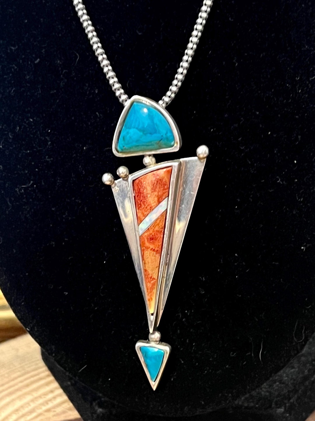 Native American Inlaid Multi Gemstone Pendant. Spiny Oyster Turquoise ...