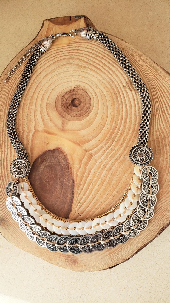 Two Tone Oxidized Silver Coin Mother of Pearl Bib Nec… - Gem