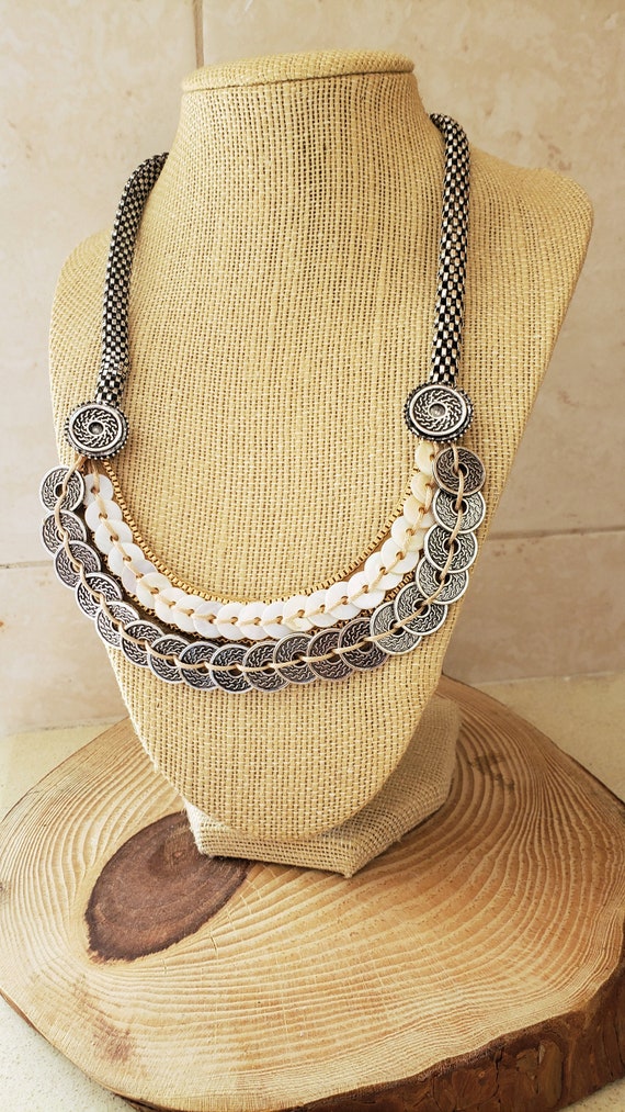 Two Tone Oxidized Silver Coin Mother of Pearl Bib Nec… - Gem