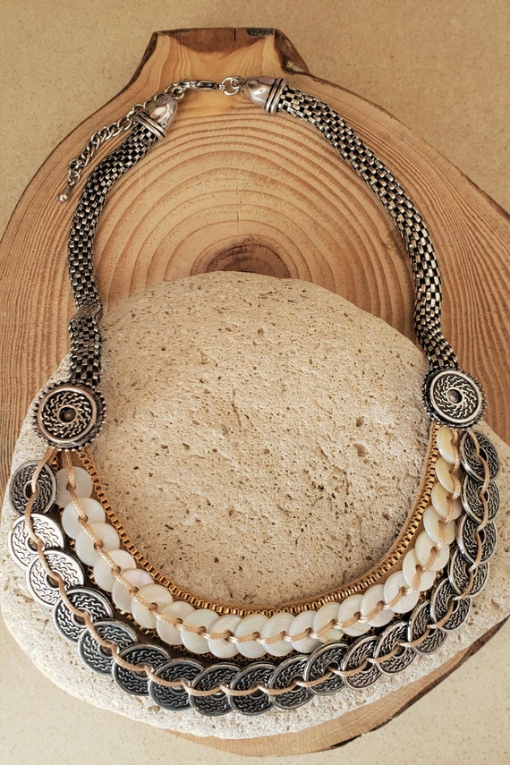 Two Tone Oxidized Silver Coin Mother of Pearl Bib Nec… - Gem
