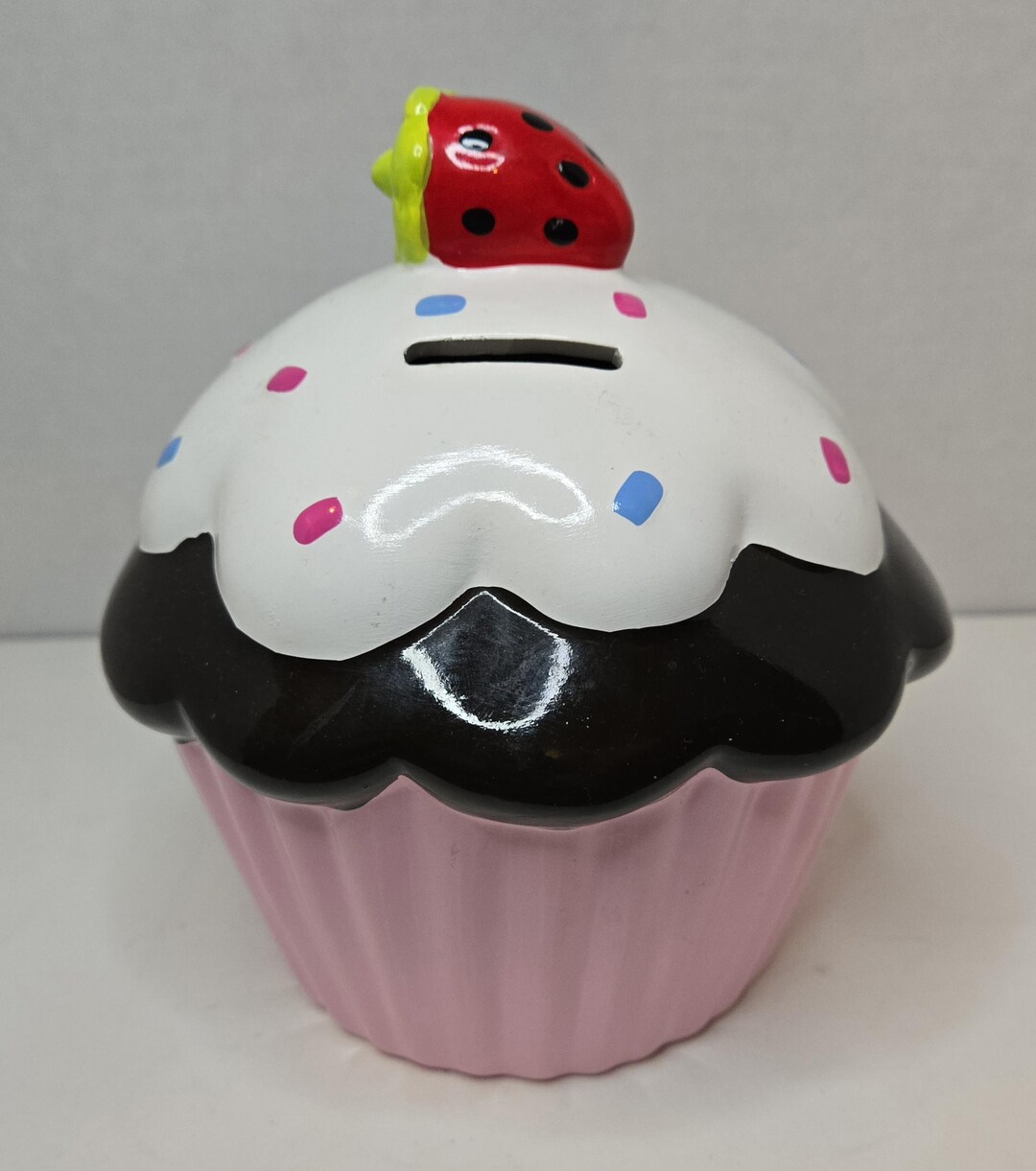 Pink Cupcake Strawberry Topped 7.5in Ceramic Coin Piggy Bank With ...