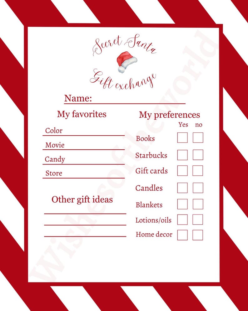 Printable Secret Santa Questionnaire Template 8x10 Christmas Gift ...