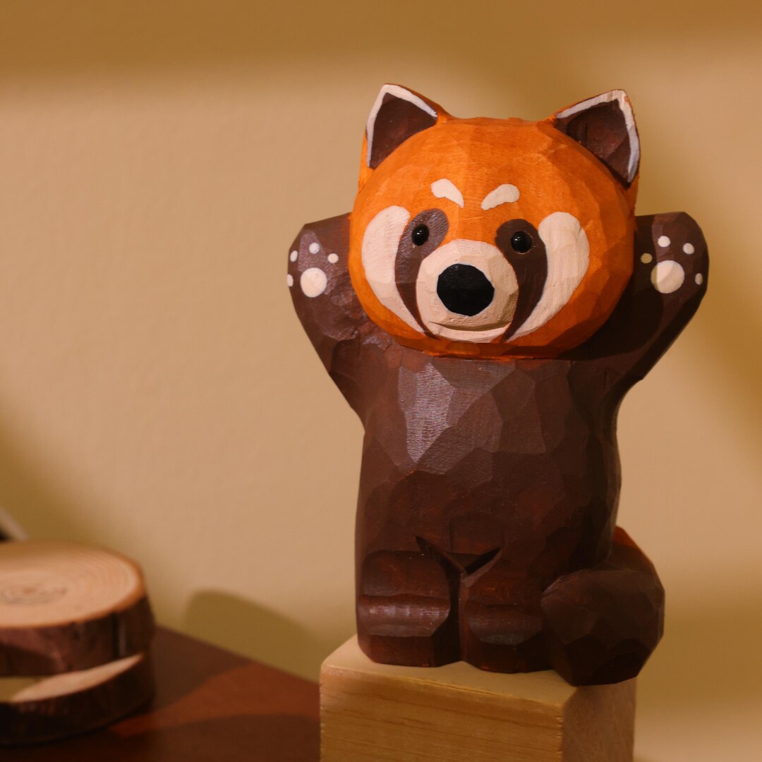 Handmade Wooden Red Panda Figurine, Mini Panda Statue, Bookshelf Decor ...