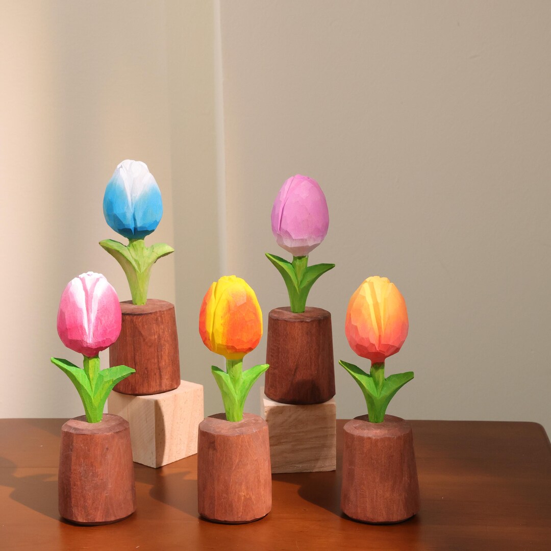 Handmade Wooden Flower Figurine, Wooden Tulip Figurine, Nature-inspired ...
