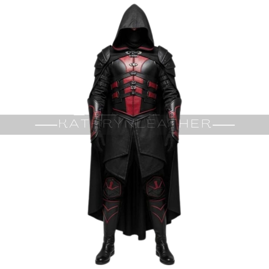 Medieval Black & Red Assassin Leather Armor Suit– Hooded Cosplay Full ...