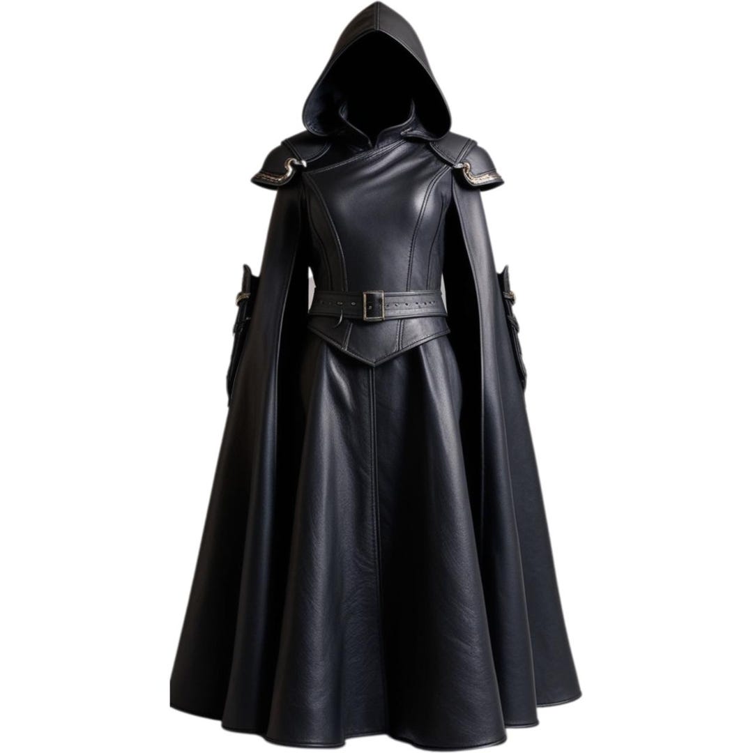 Gothic Black Leather Hooded Cloak/cosplay Costume/gothic Cloak/stylish ...