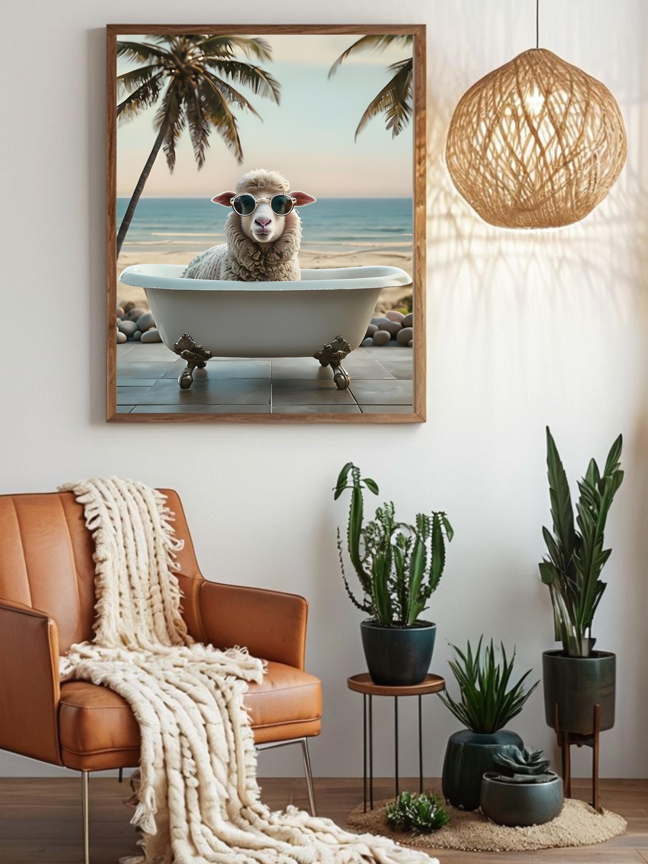Funky Sheep Wall Art Digital Download Boho Sheep Decor, Sheep in Tub ...