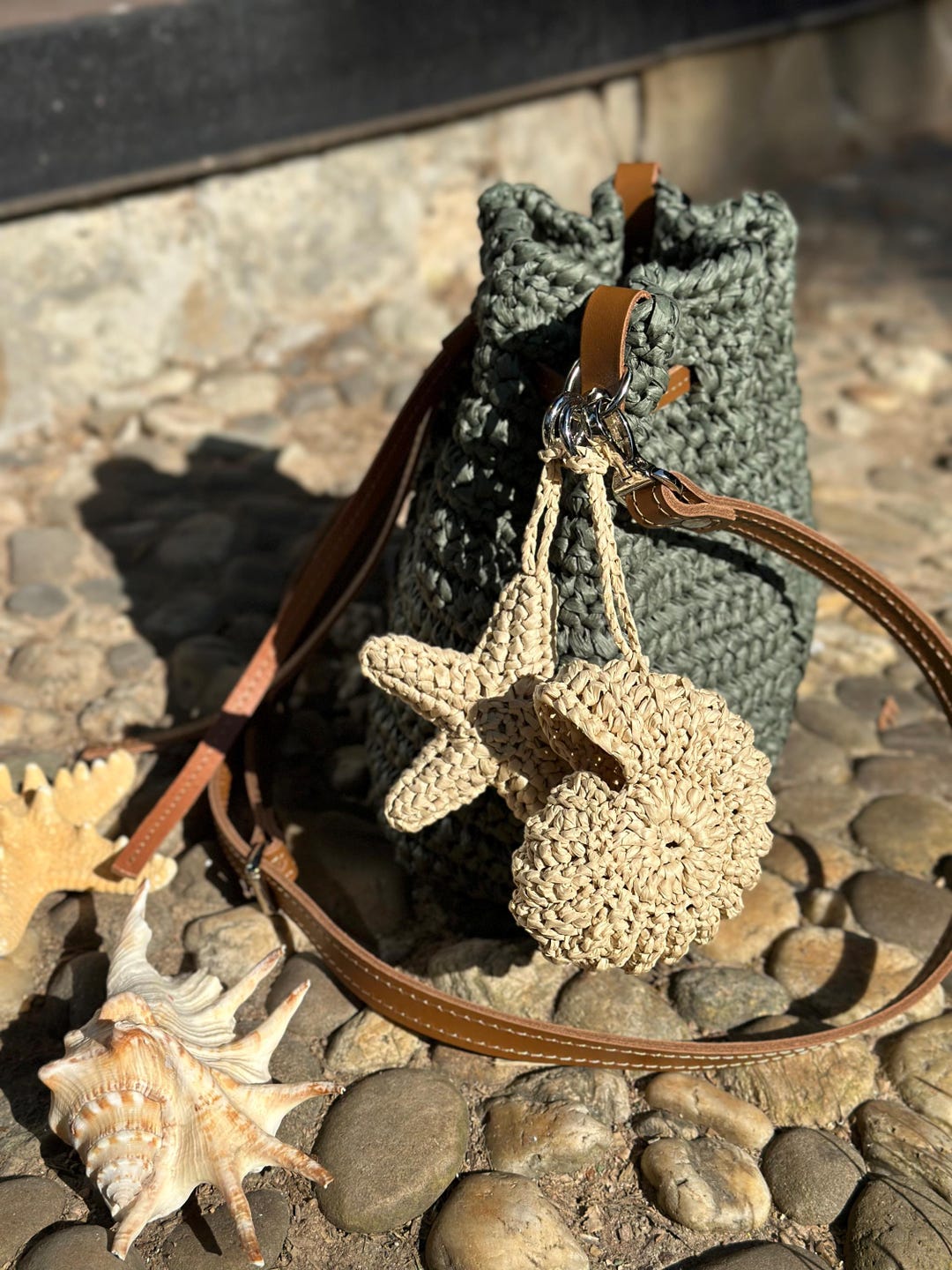 Seashell and Starfish Bag Charm - Marine Theme Keychain, Crochet Shell ...