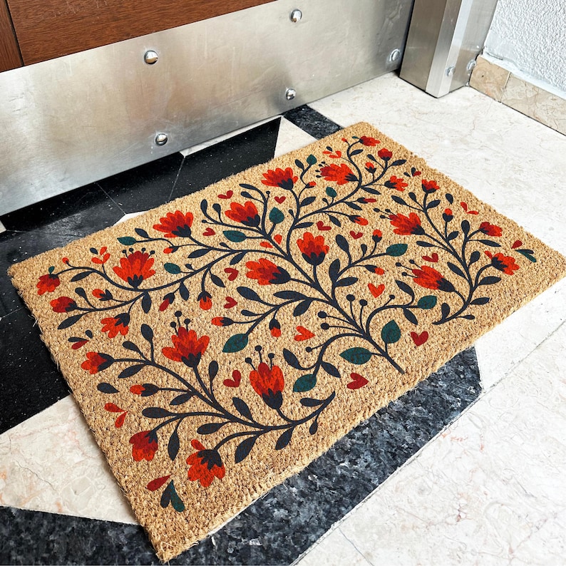Retro Poppy Doormat | Folk Art Poppy Flower Doormat | Floral Doormat ...