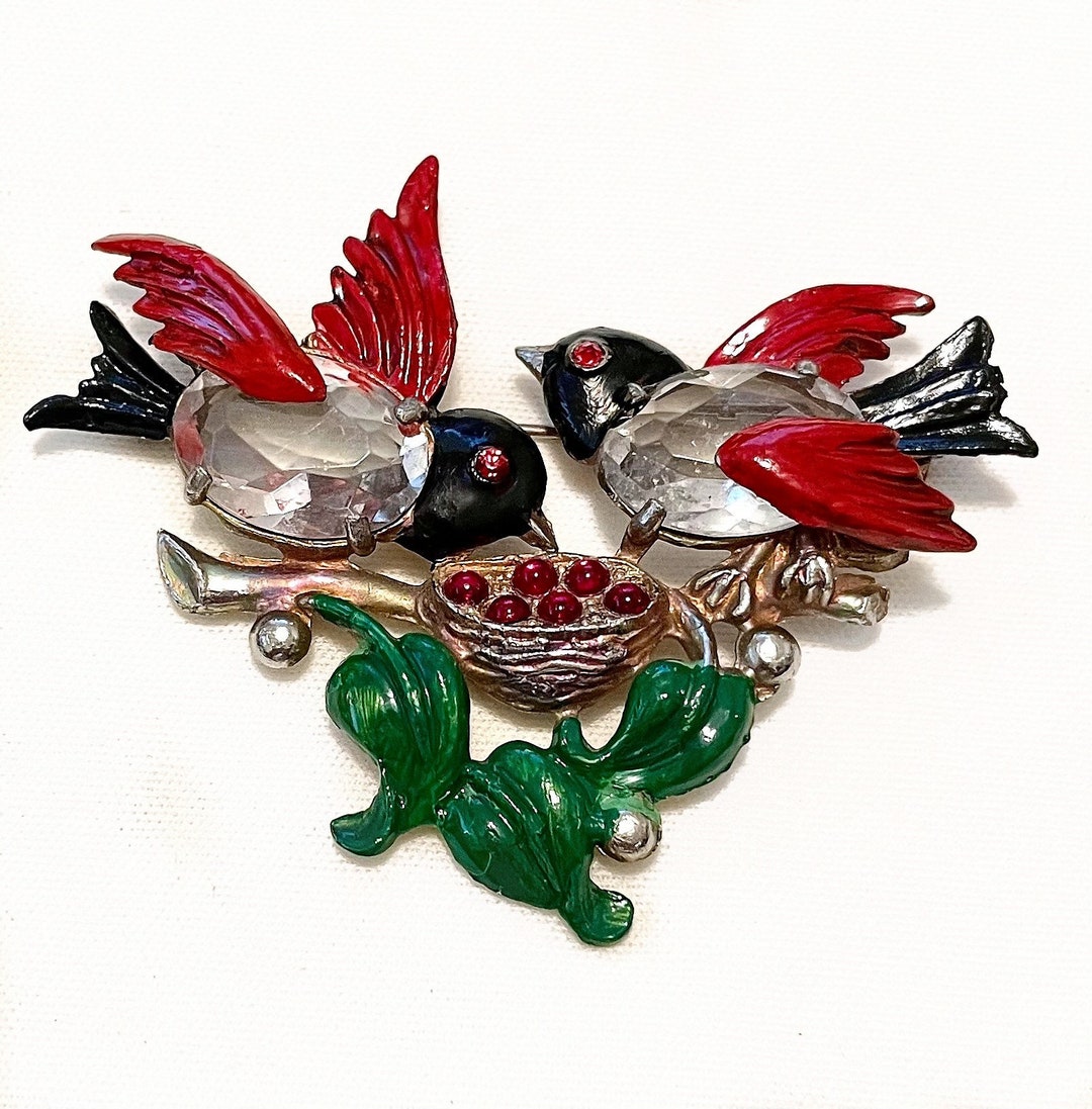 C1930s Enameled and Jeweled Birds and Nest Brooch - Etsy