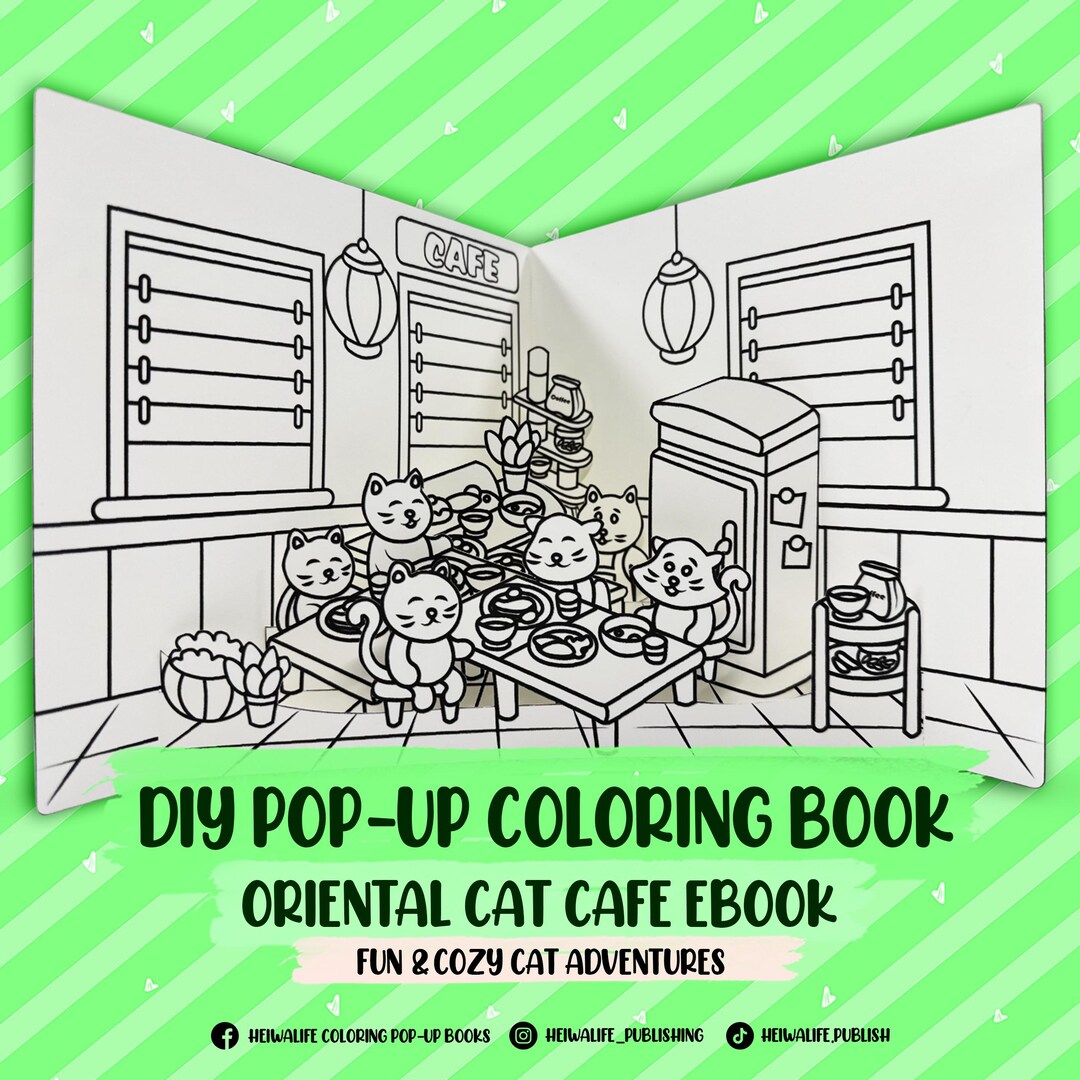 Oriental Cat Cafe Diy Pop up Coloring Book, Digital Coloring Pages ...