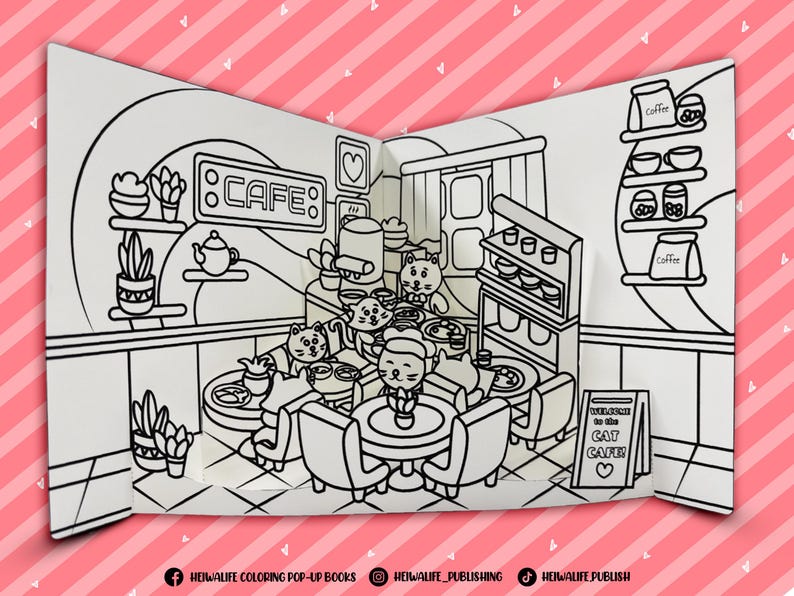Retro Cat Cafe Diy Pop up Coloring Book, Digital Pages Gift for Tea ...