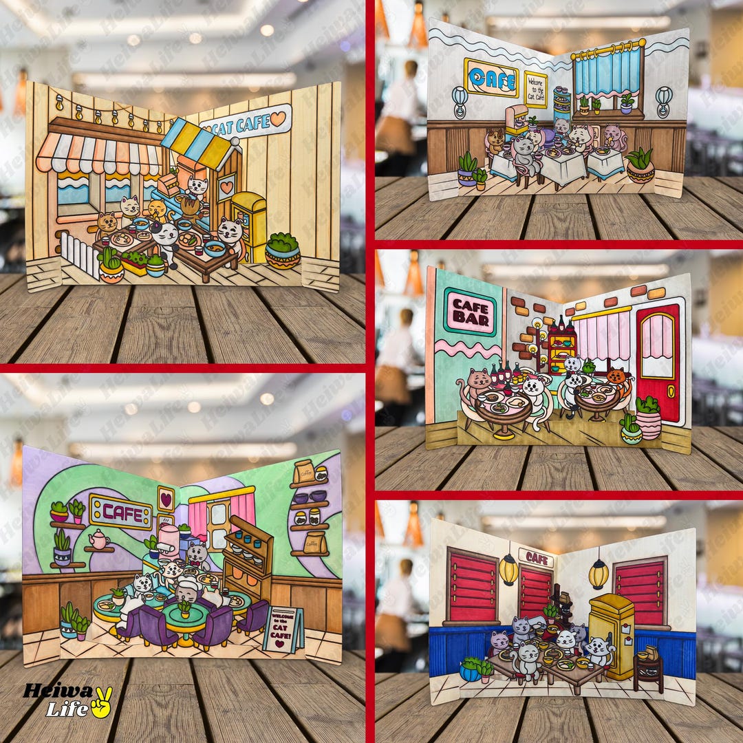 5 DIY Cat Cafe Pop-up Coloring Pages for Adults, Coloring Page, Bold ...