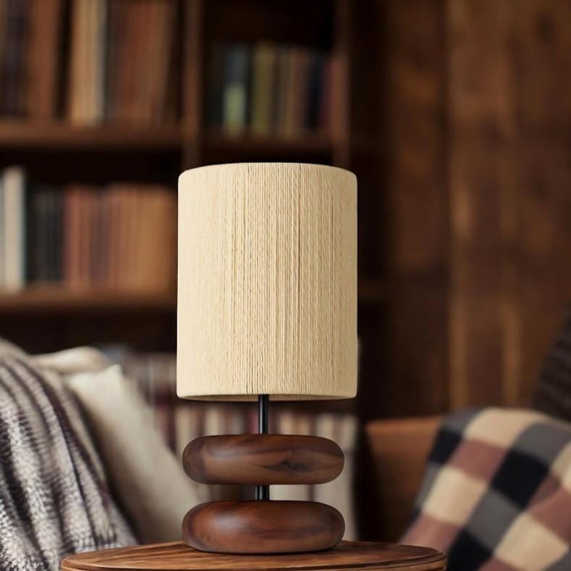 Handcrafted River Rock Lamp With Walnut Wood Base, Reclaimed Wood Table ...