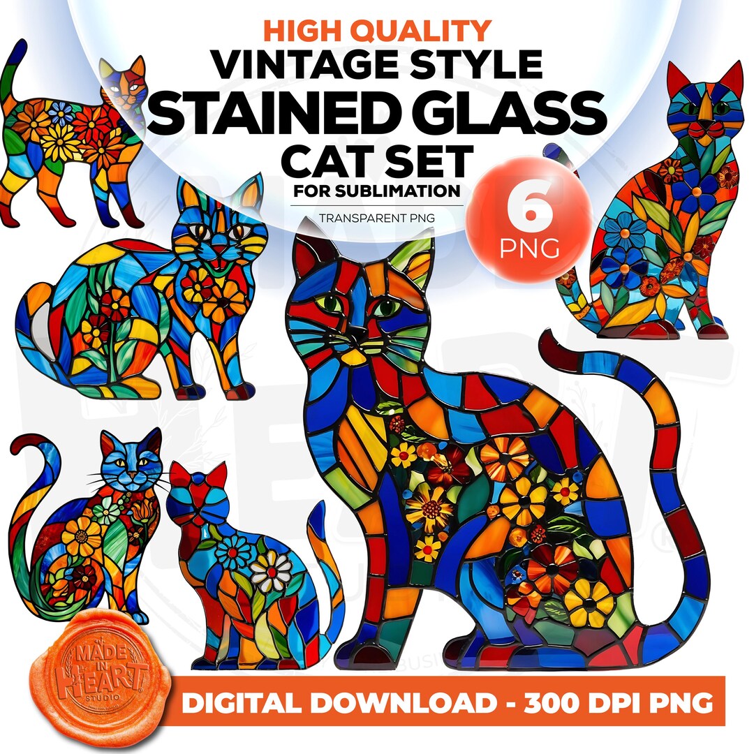 Vintage Stained Glass Cat PNG Bundle, Colorful Retro Cat Clipart Set ...