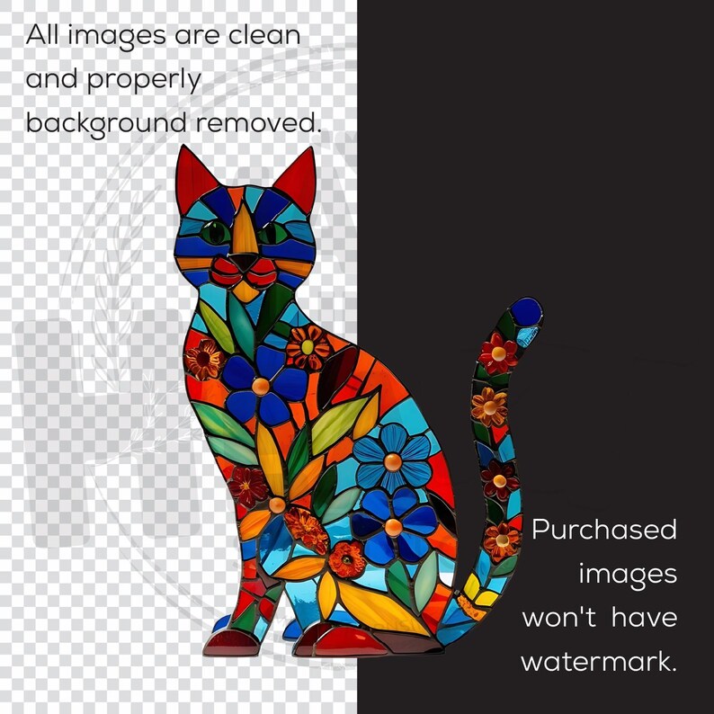 Vintage Stained Glass Cat PNG Bundle, Colorful Retro Cat Clipart Set ...