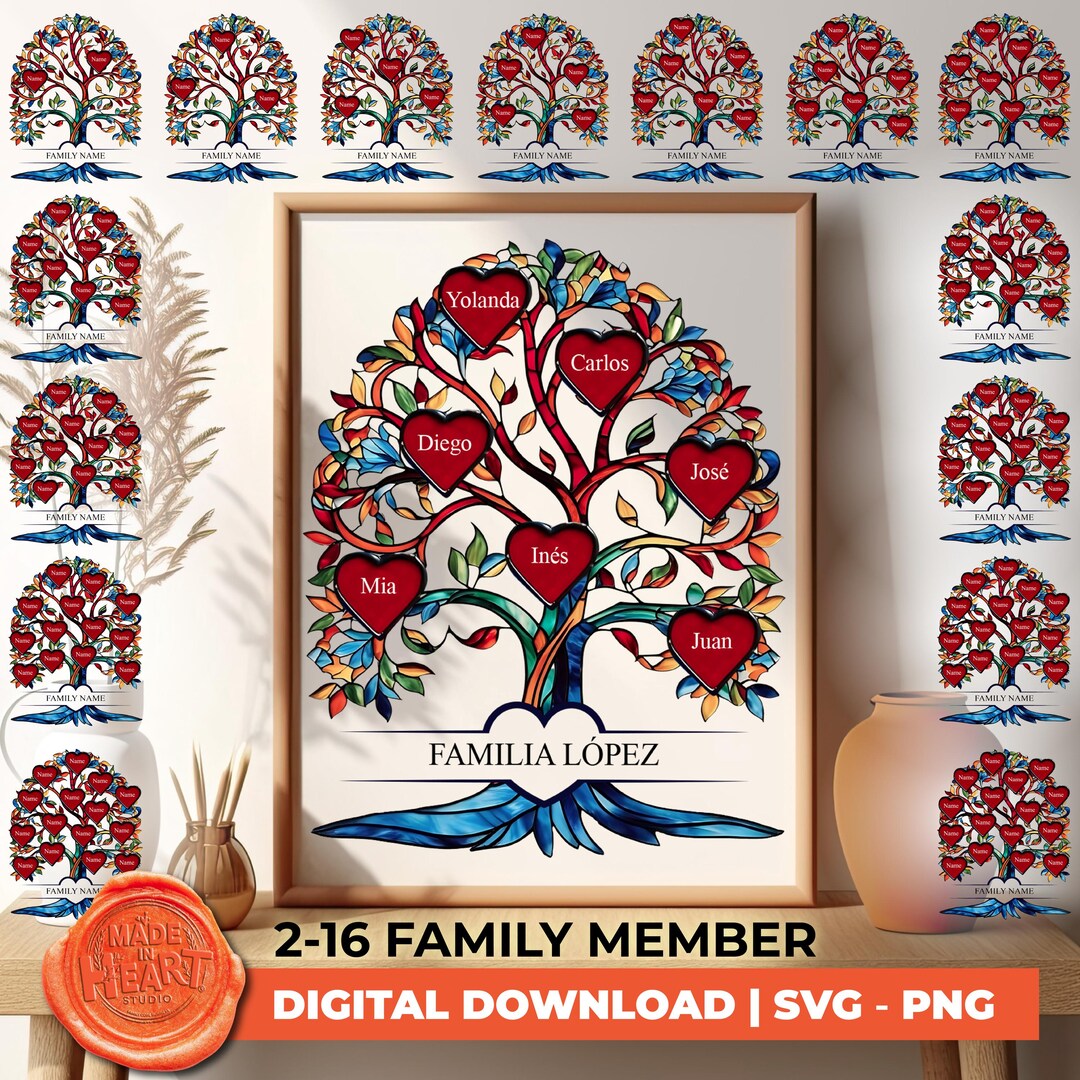 Personalized Stain Glassed Family Tree of Life Svg Bundle 2-16 Members ...