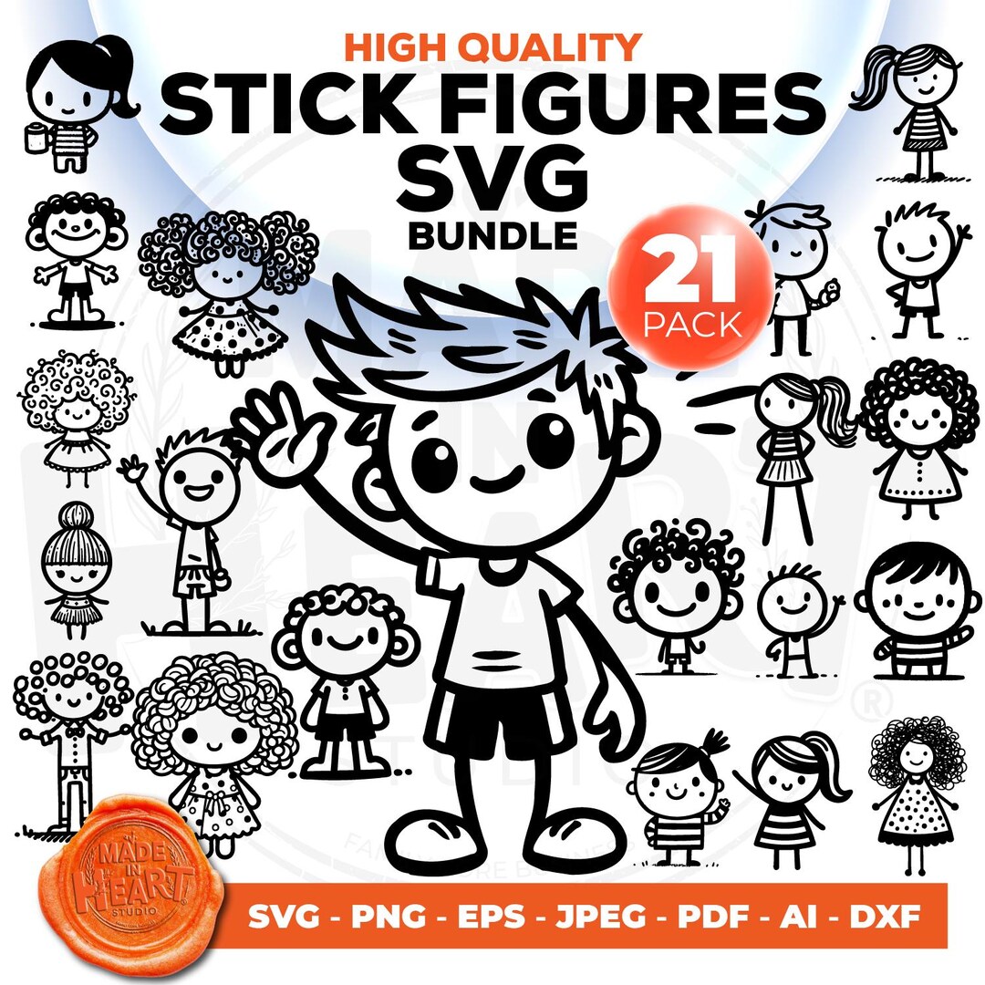 Funny Kids Drawing Figures SVG Bundle, Adorable Stick Kids, Cartoon ...