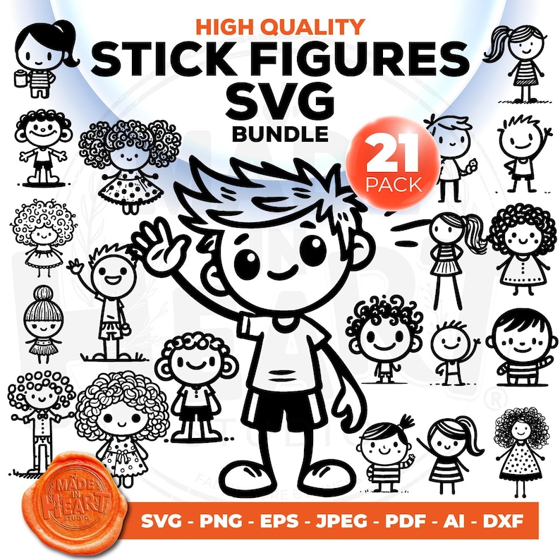 Funny Kids Drawing Figures SVG Bundle, Adorable Stick Kids, Cartoon ...