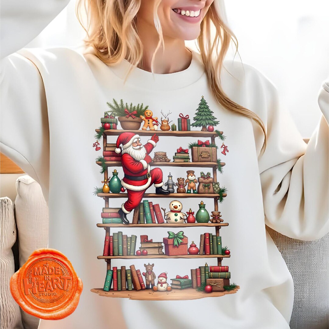 Christmas Bookshelf Clipart, Santa, Cozy Book Lover PNG (digital ...