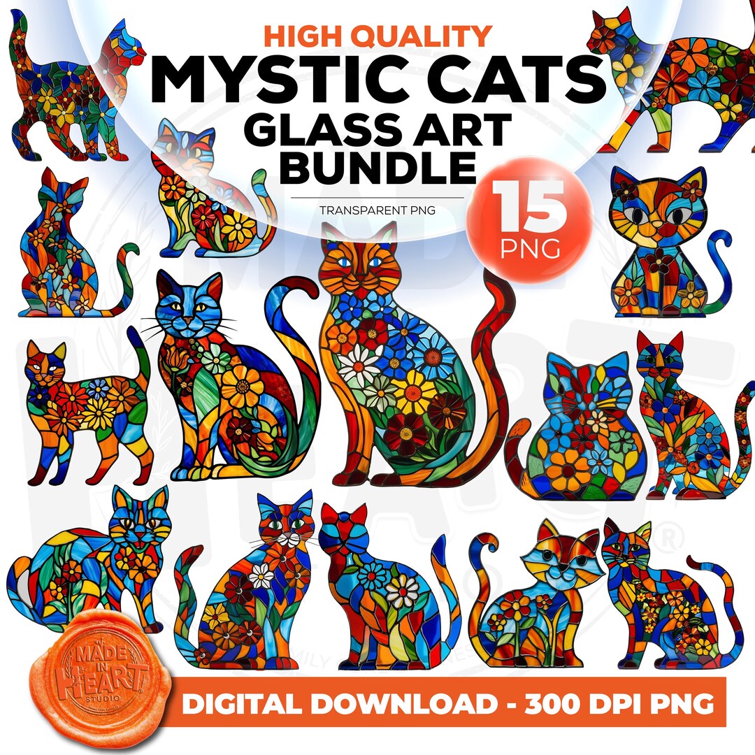 Stained Glass Cat PNG Bundle, Colorful Cat Clipart Set, Digital Cat Art ...