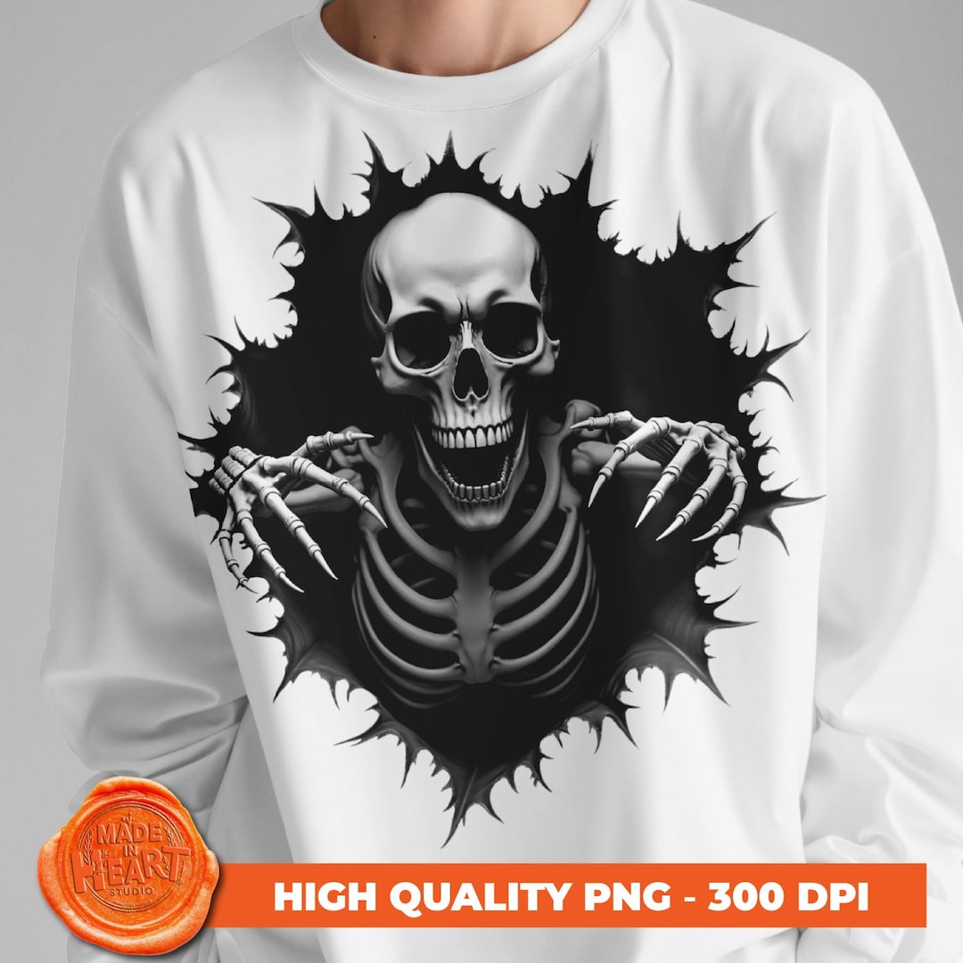 Ripped Wall Skeleton PNG, Gothic Skull T-shirt Design, Halloween Horror ...