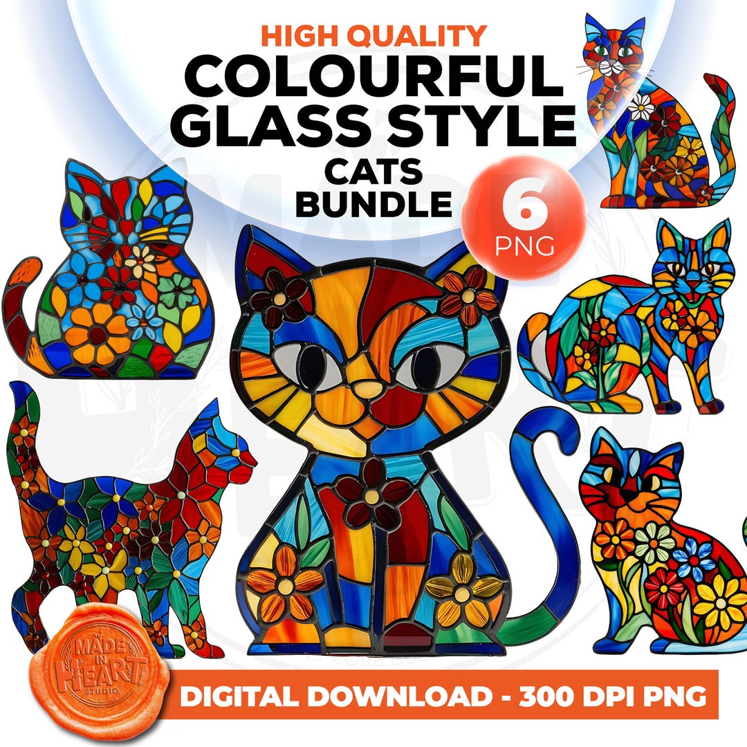 Stained Glass Cat Png Bundle - Colorful Style Cat Sublimation File ...