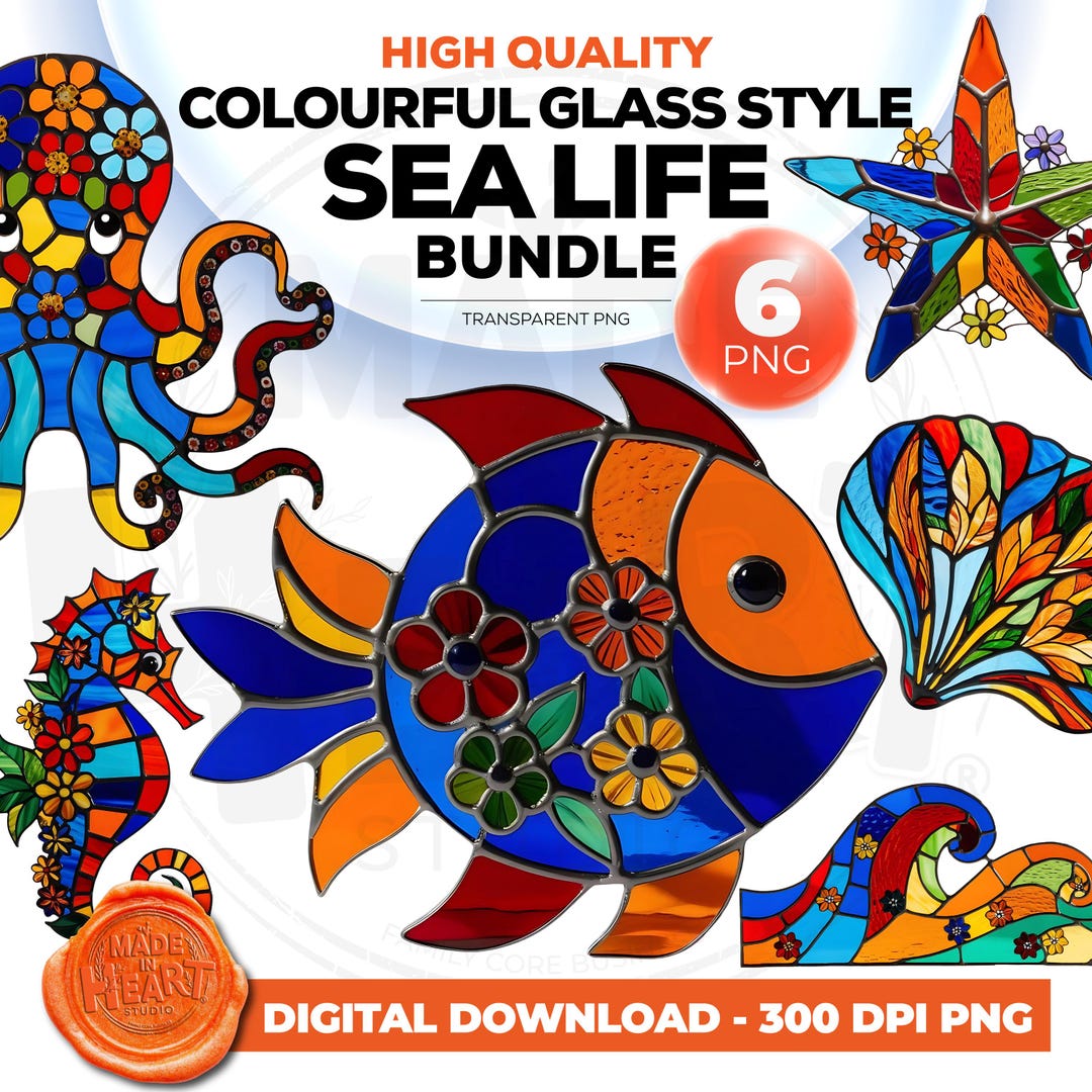 Stained Glass Sea Life Bundle PNG, Colorful Ocean Animals Clipart ...