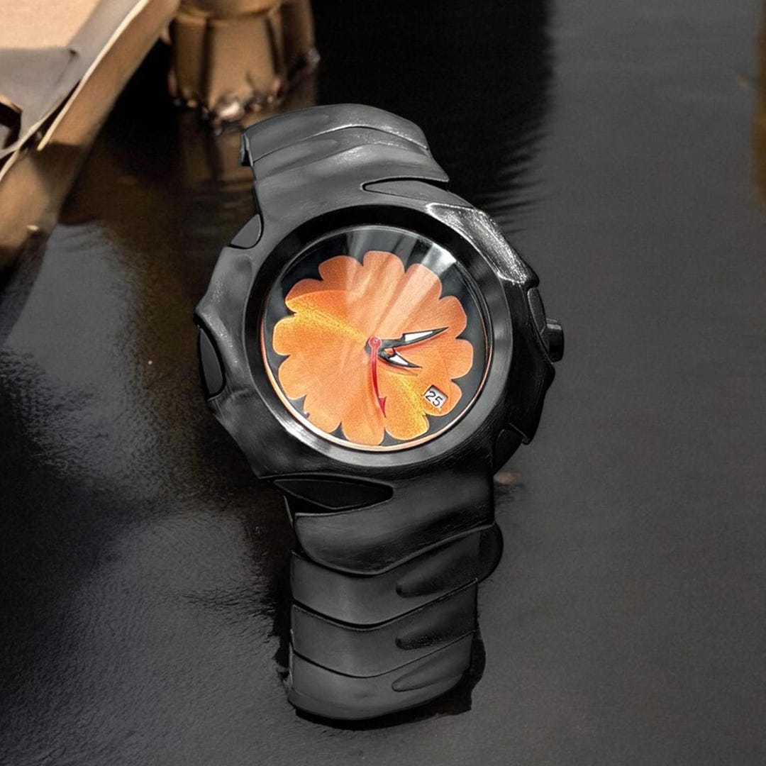 Matte Black Sculptural Watch Bold Men's Timepiece With Orange Floral ...