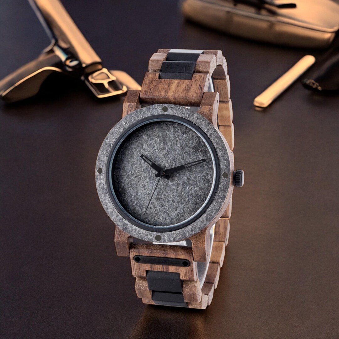Men's Wooden Watch With Stone Dial Handmade Wood and Stone Timepiece ...