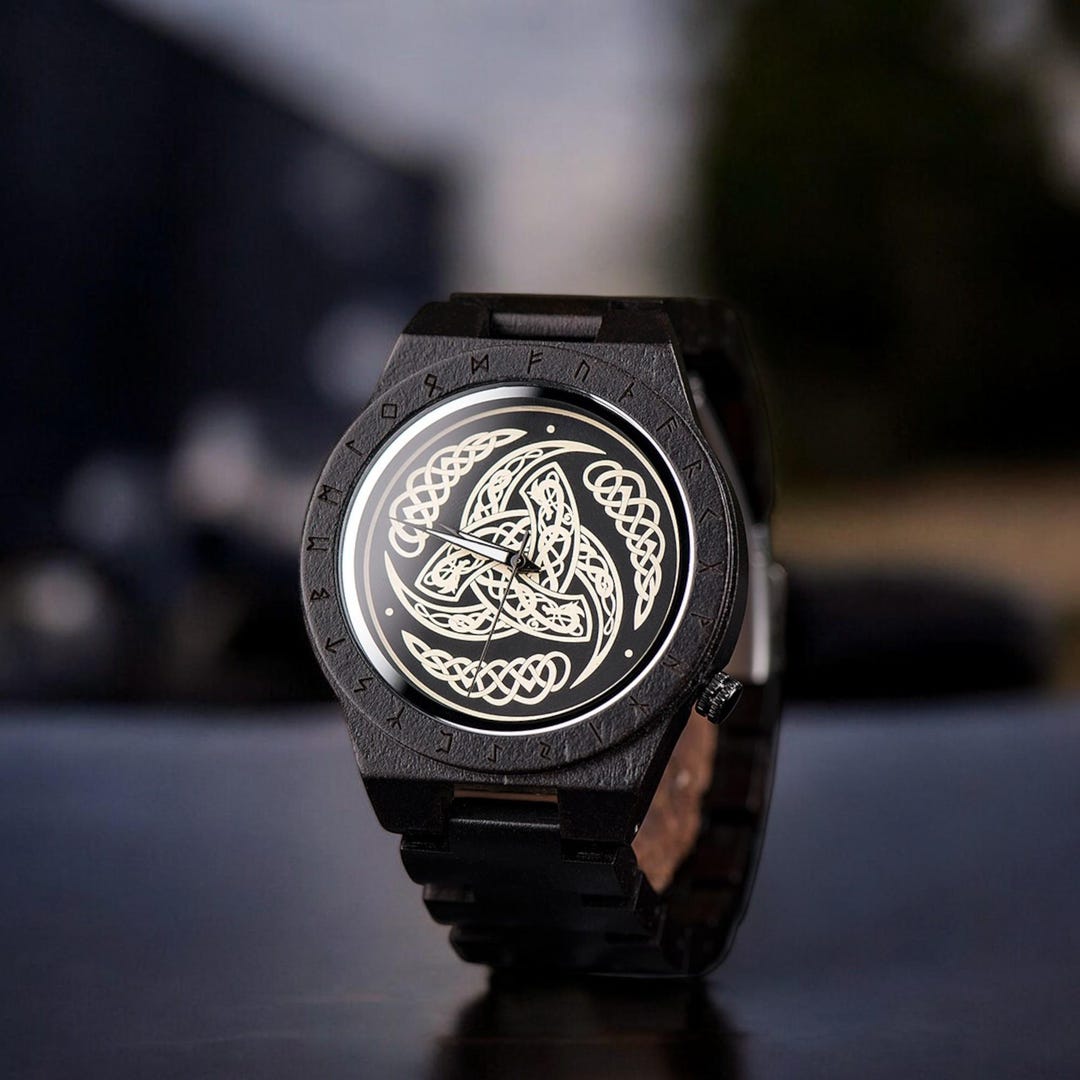 Men's Viking Celtic Wood Watch Black Runic Dial With Knot Design ...