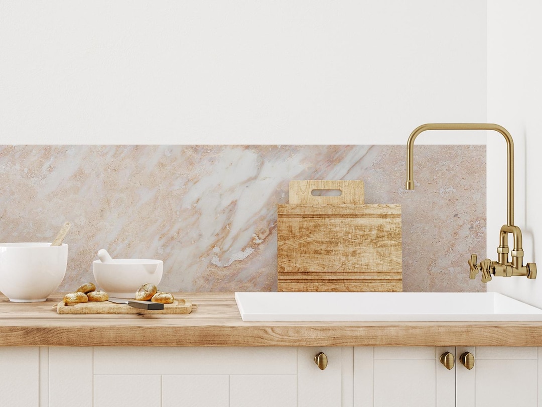 Beige Travertine-effect Vinyl Adhesive Kitchen Splashback, 200 X 40 Cm ...