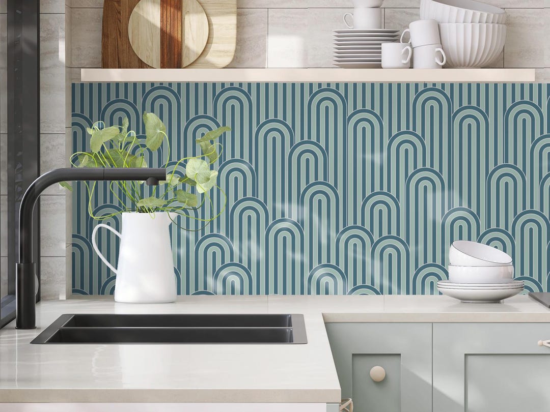 Adhesive Vinyl Kitchen Splashback With Blue and Green ARCHES Pattern ...