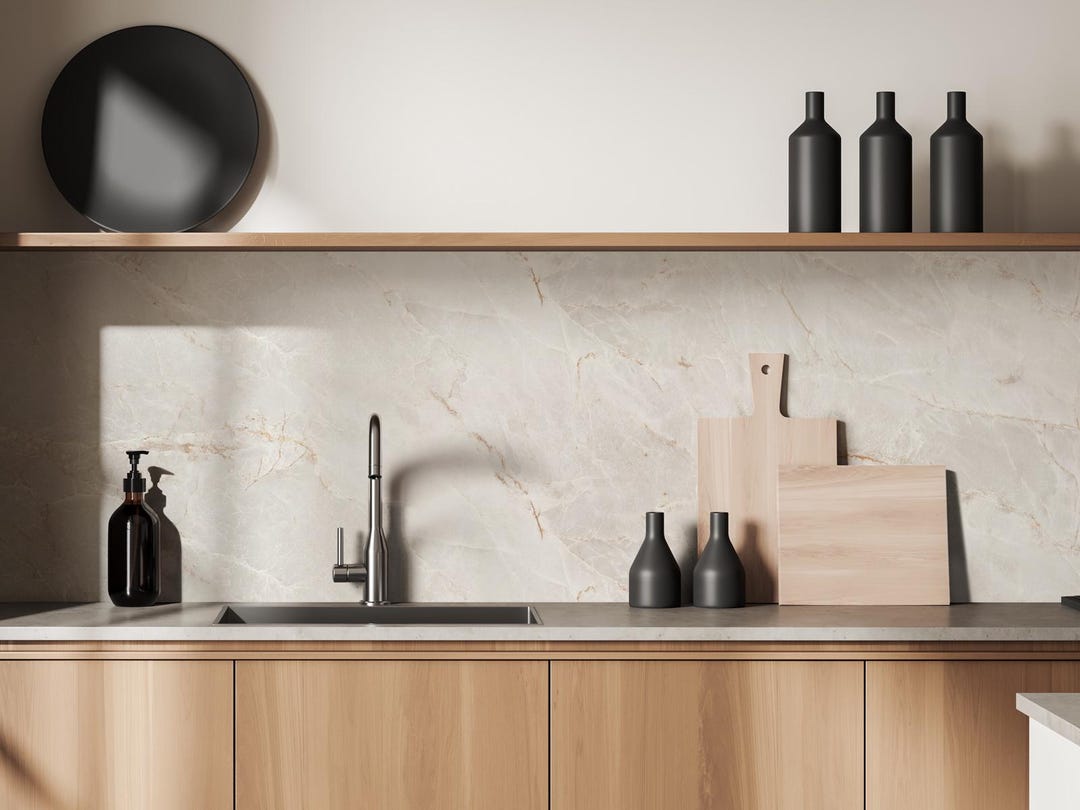 Self-adhesive Vinyl Kitchen Splashback With Beige Marble Effect, 200 X ...