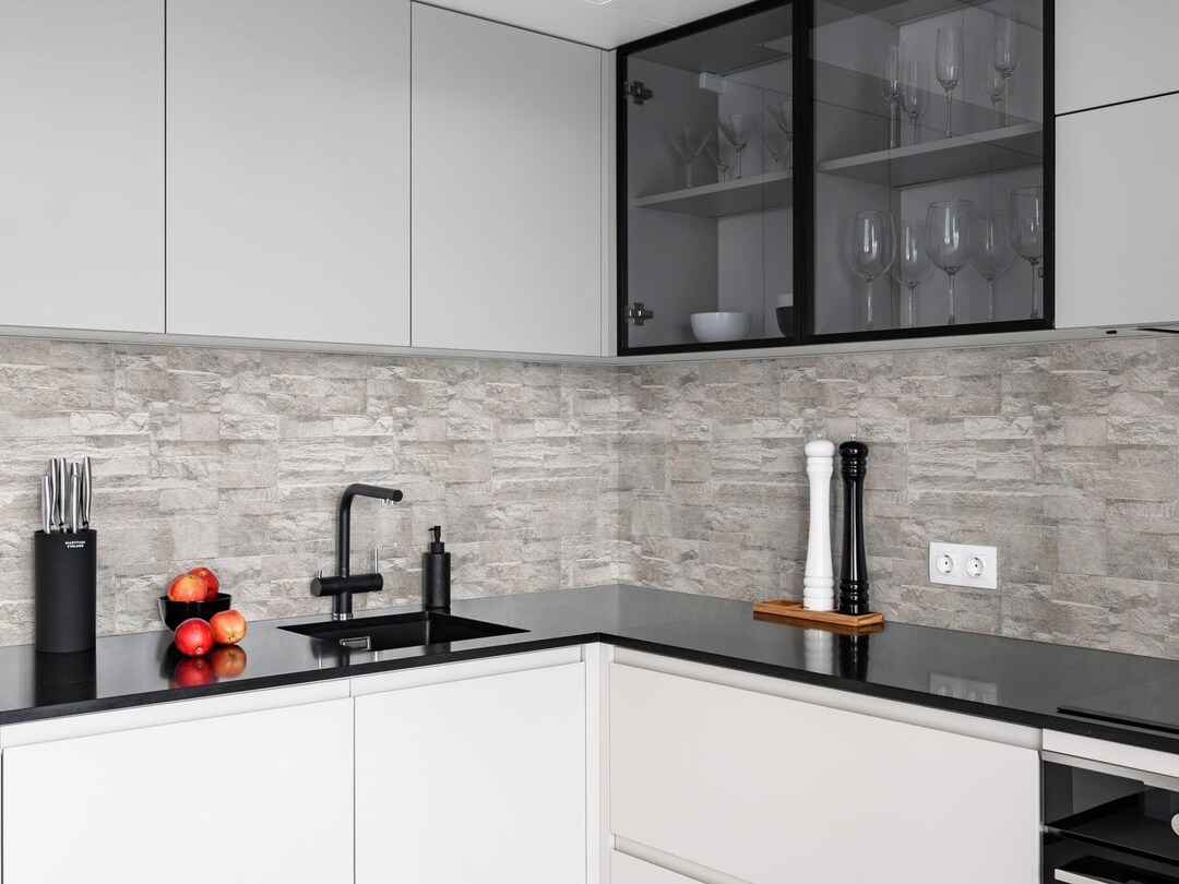 Self-adhesive Vinyl Kitchen Splashback Imitating White Stone Walls, 200 ...