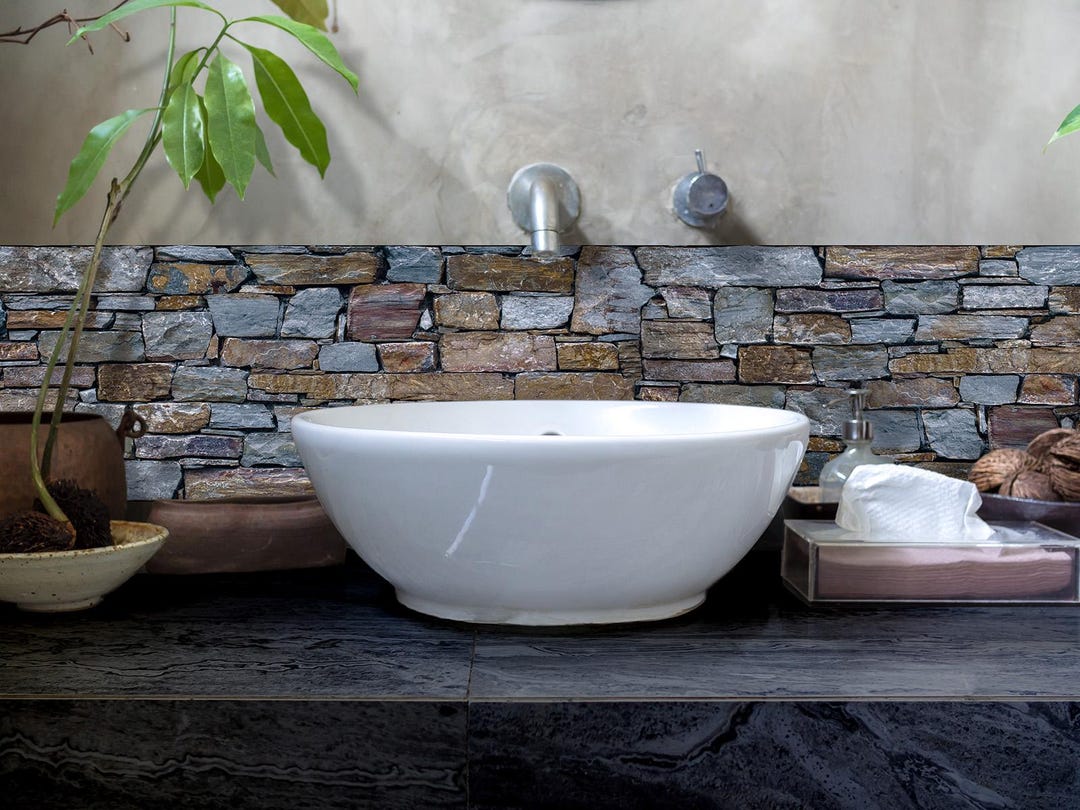 Adhesive Vinyl Kitchen Splashback Imitating Blue Stone Wall, 200 X 40 ...