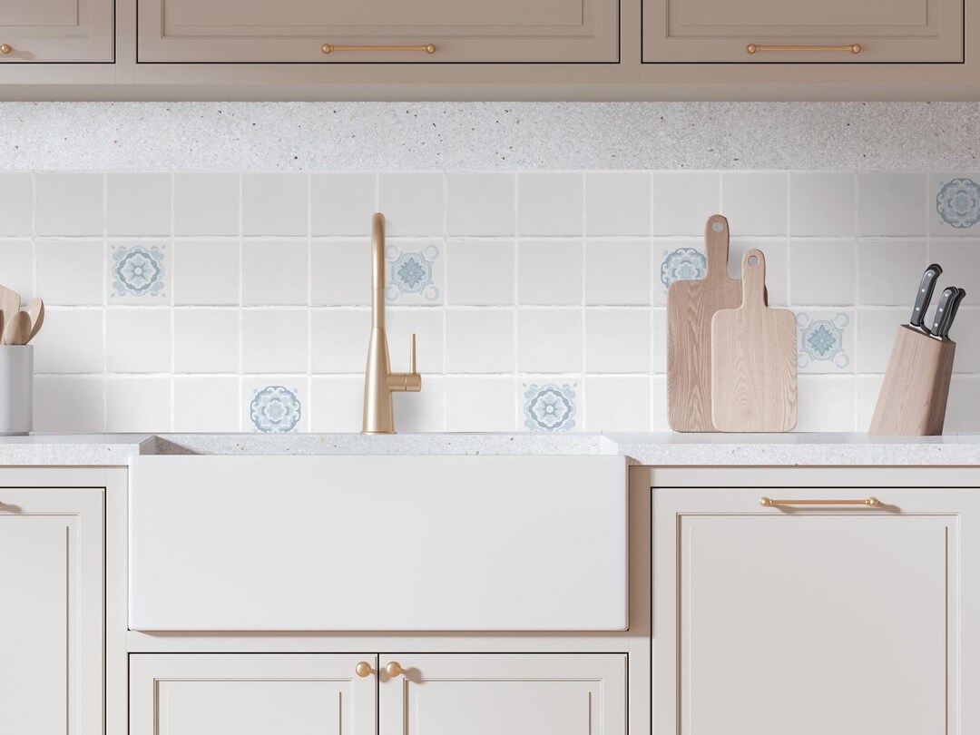 Adhesive Vinyl Kitchen Splashback Imitating Vintage Cement Tiles, 200 X ...