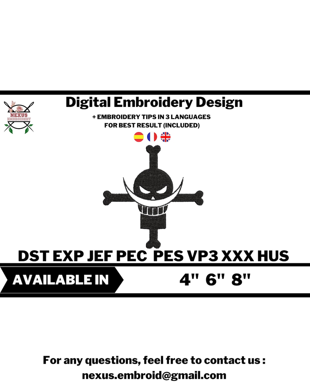 Digital Embroidery File Pirate Skull Design Multi-formats dst, Pes, Jef ...