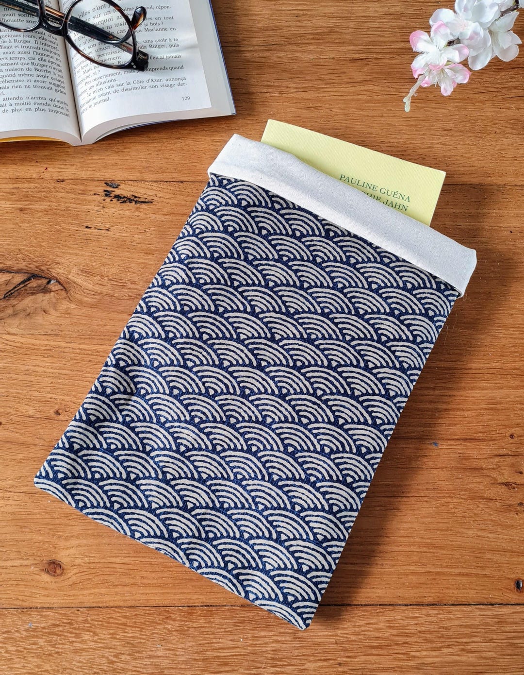 Japanese Wave Book Sleeve: Handmade Cotton Book Pouch - Etsy
