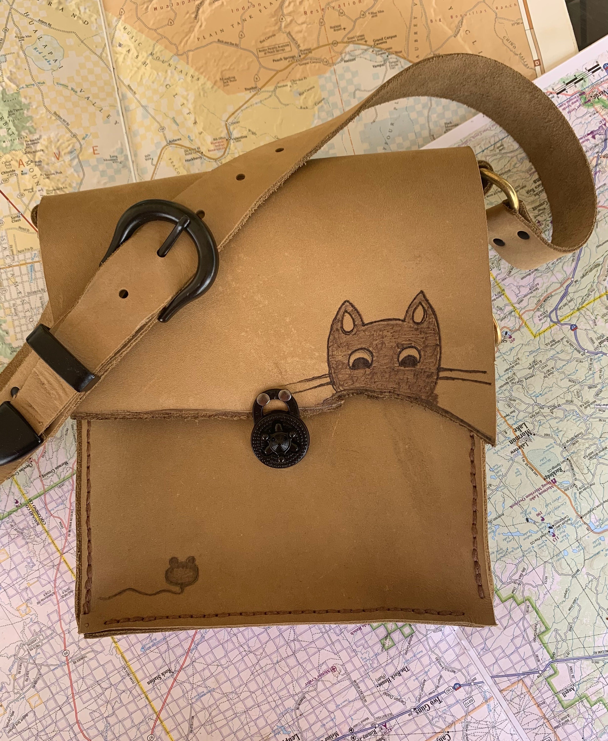 Cat and Mouse Brown Leather Purse With Plaid Pockets Free Shipping - Etsy