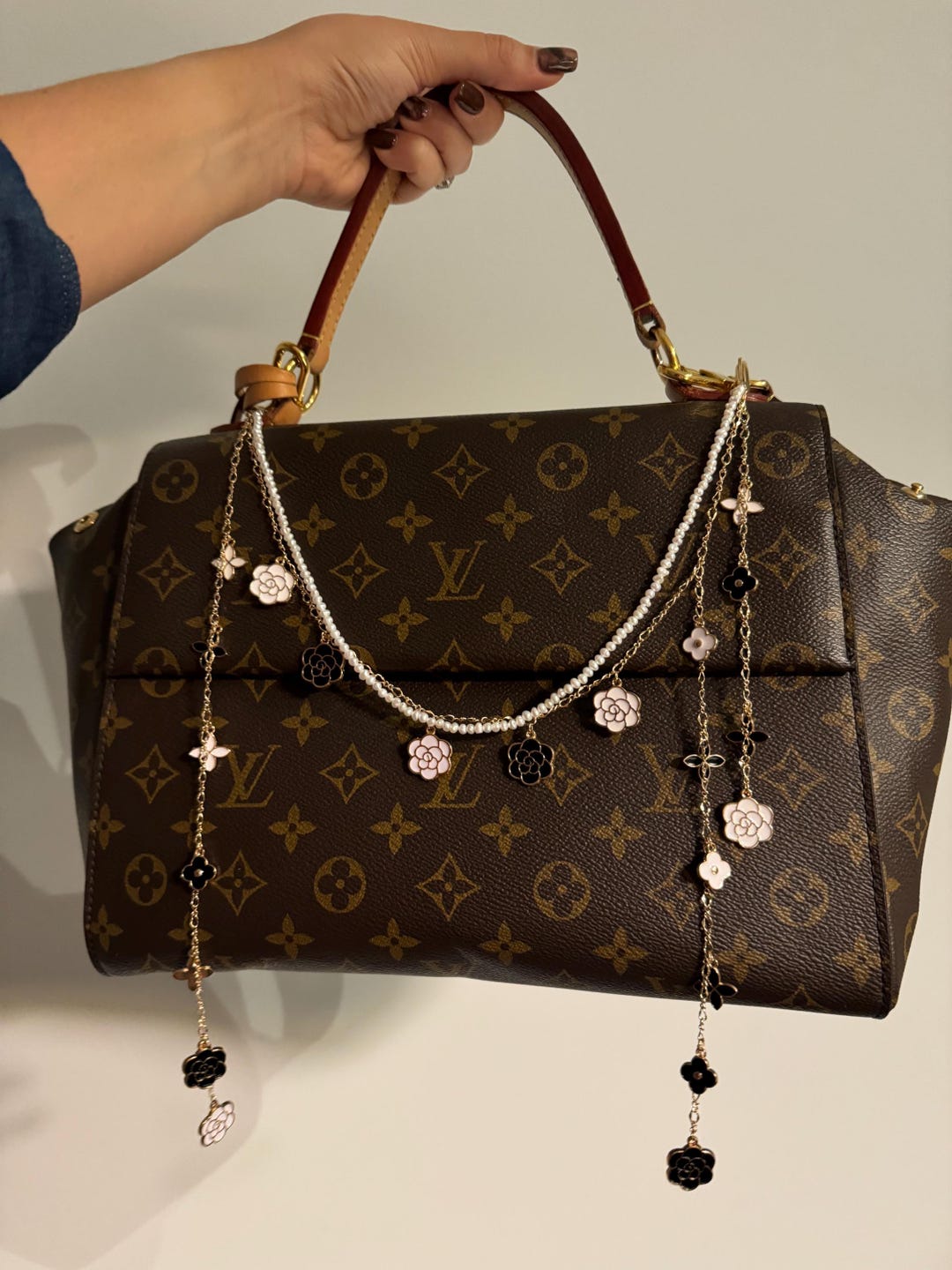 Luxury Floral Bag Chain Charm - Real Pearls, Gold-tone Metal and Enamel ...