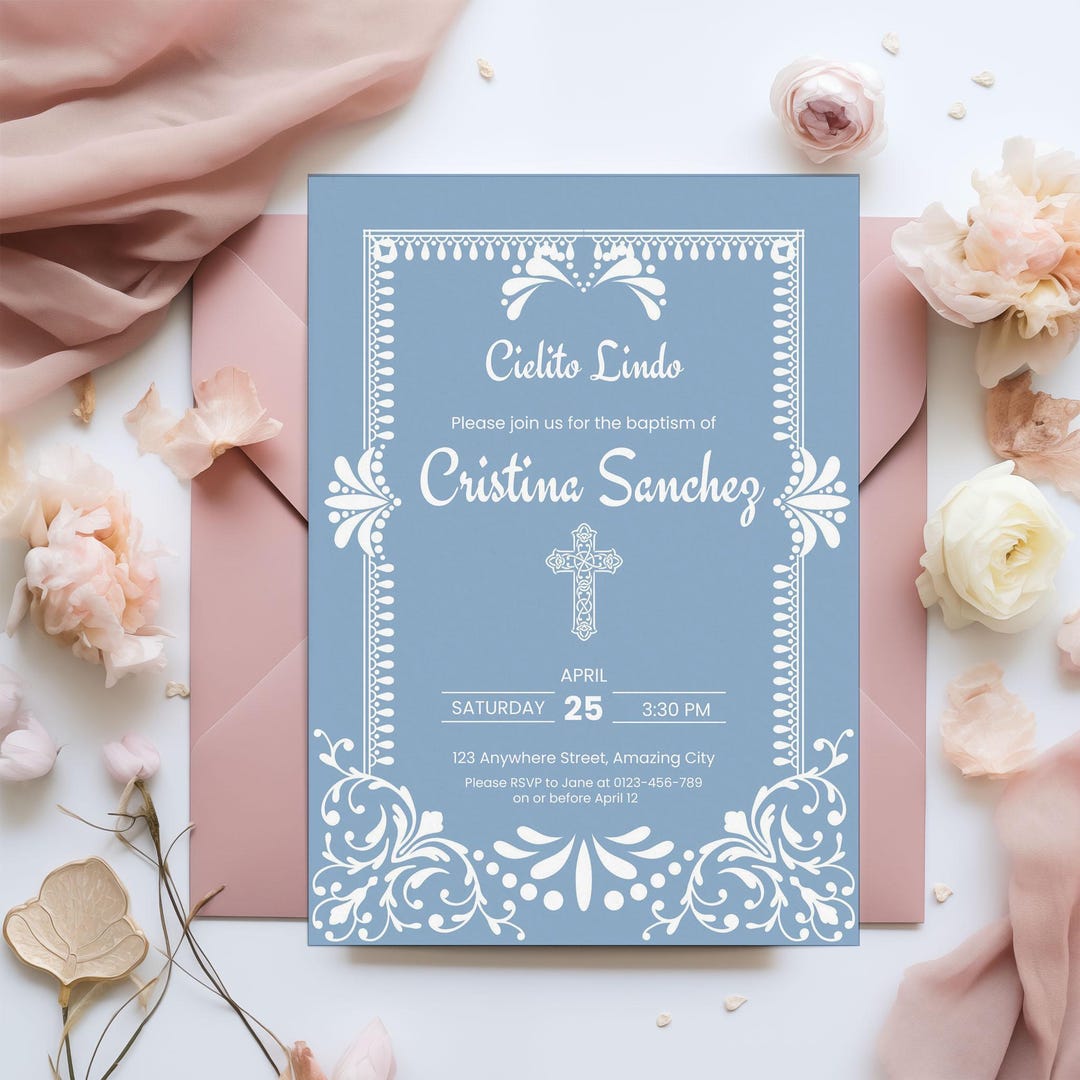 Dusty Blue Cielito Lindo Baptism Invitation Editable Canva Template ...