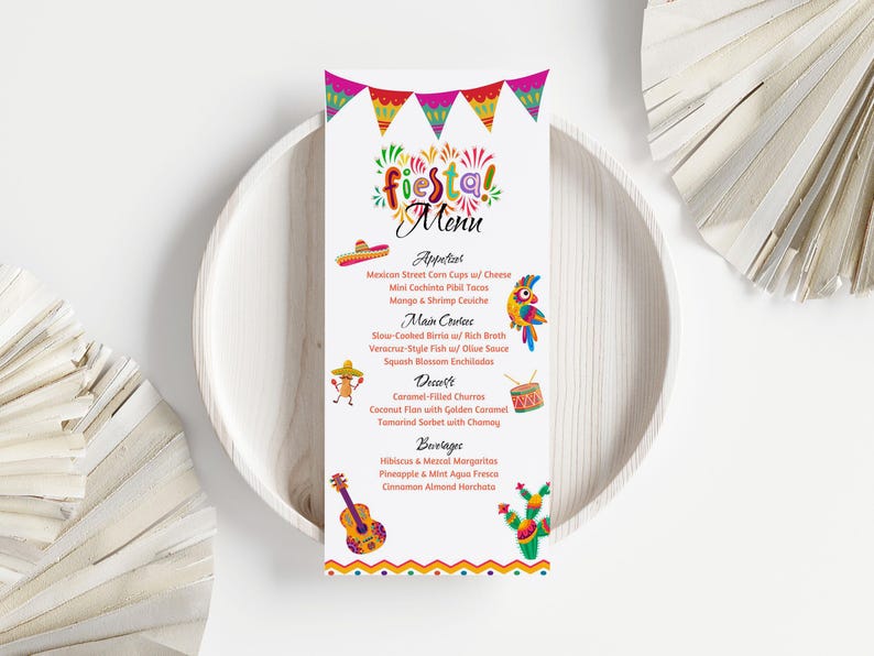 Hispanic Mexican Theme Menu Item, Printable Birthday Fiesta Guest ...