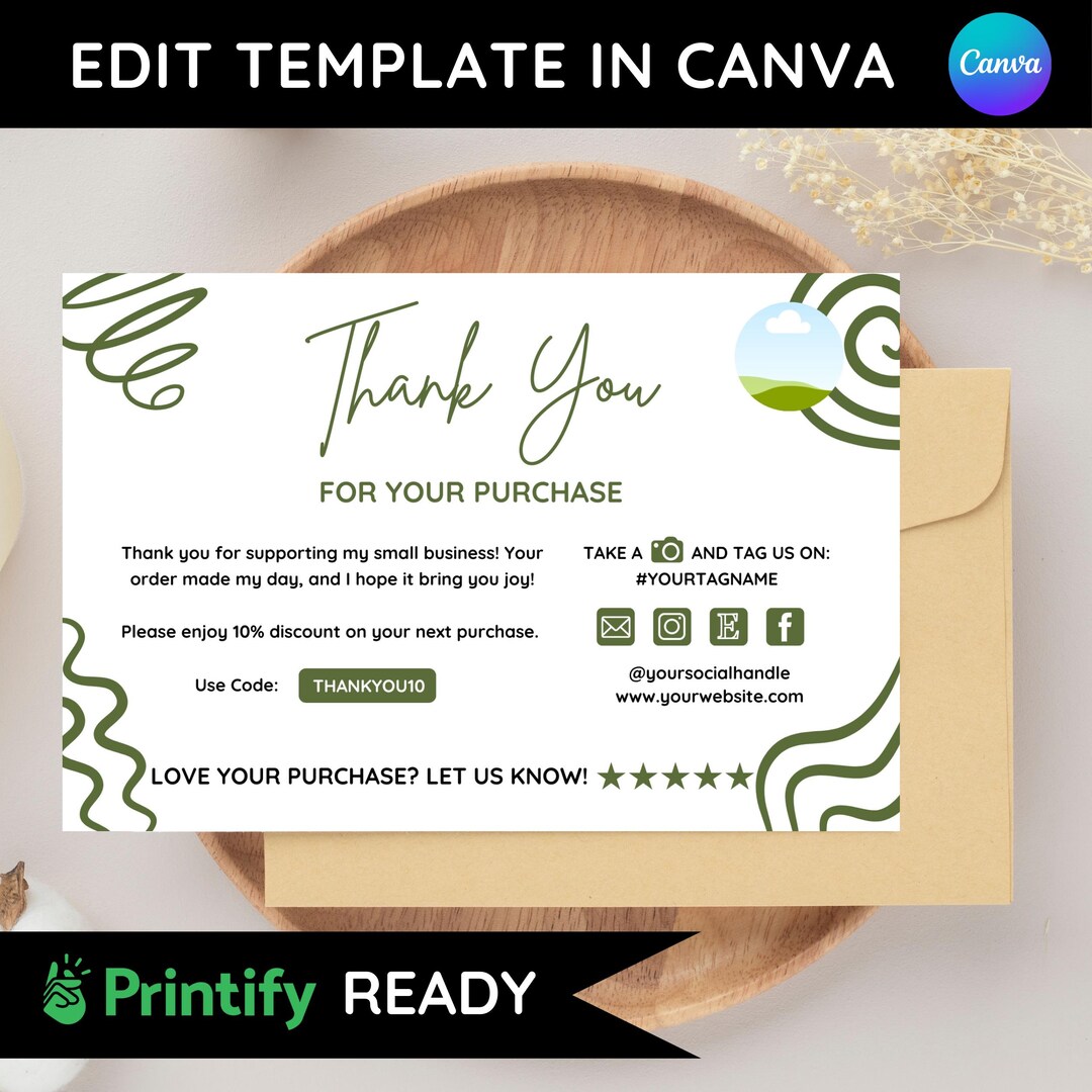 Thank You Green Businesss Card, Printify Ready, Small Business ...