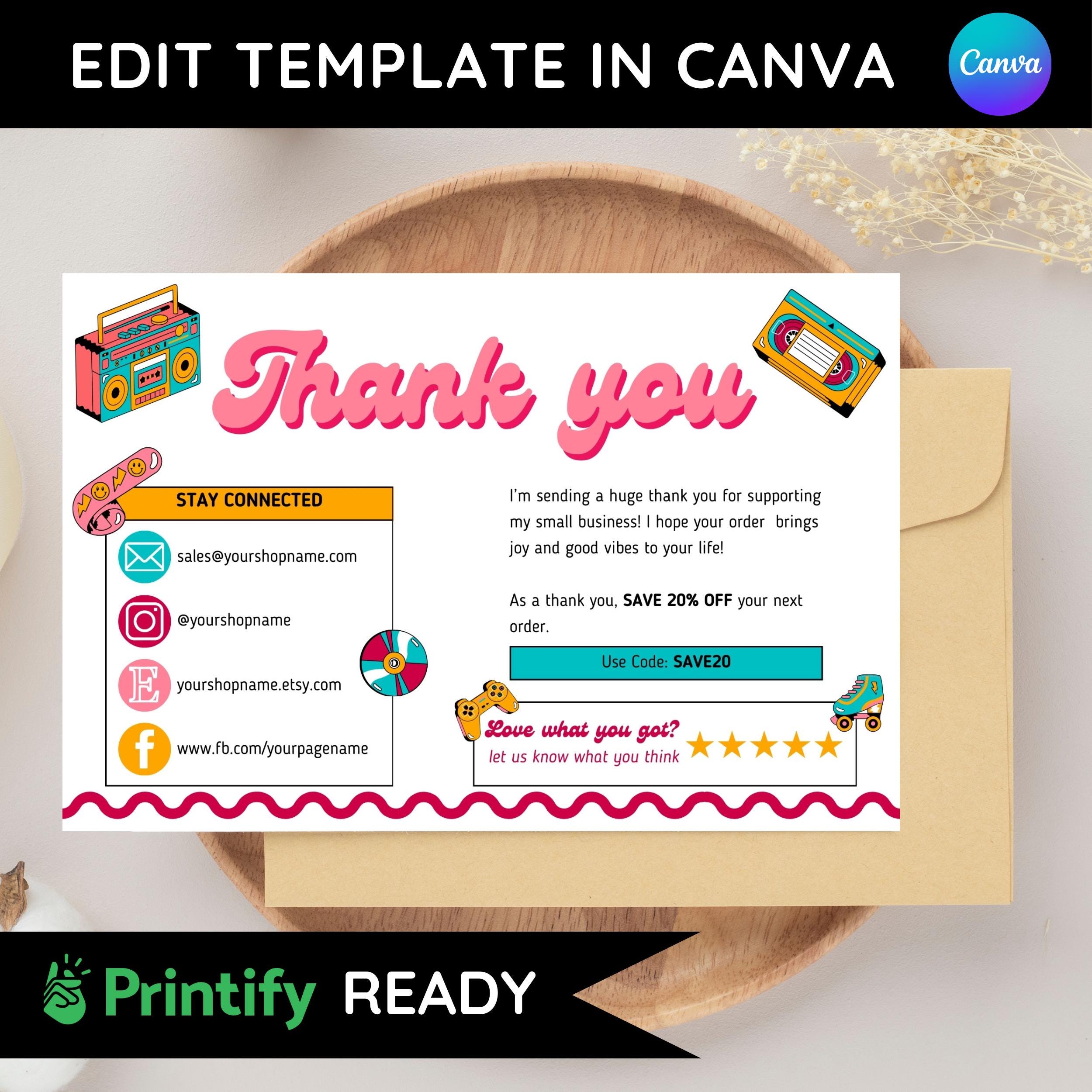 Thank You Retro Businesss Card, Printify Ready, Small Business ...