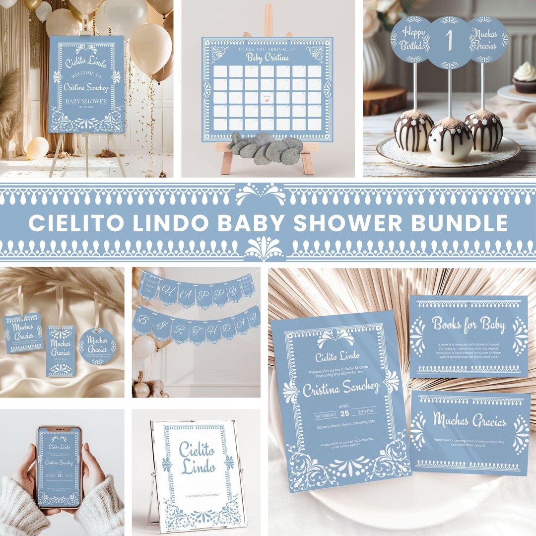 Dusty Blue Cielito Lindo Baby Shower Bundle Editable Mexican Talavera ...