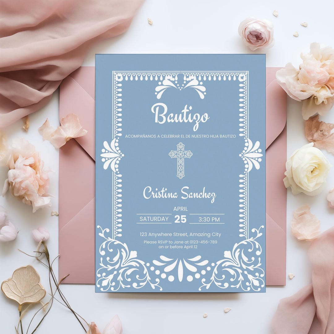 Custom Baptism Cielito Lindo Invitation Card, Dusty Blue Bautizo Fiesta ...