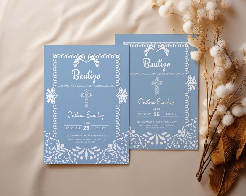 Custom Baptism Cielito Lindo Invitation Card, Dusty Blue Bautizo Fiesta ...