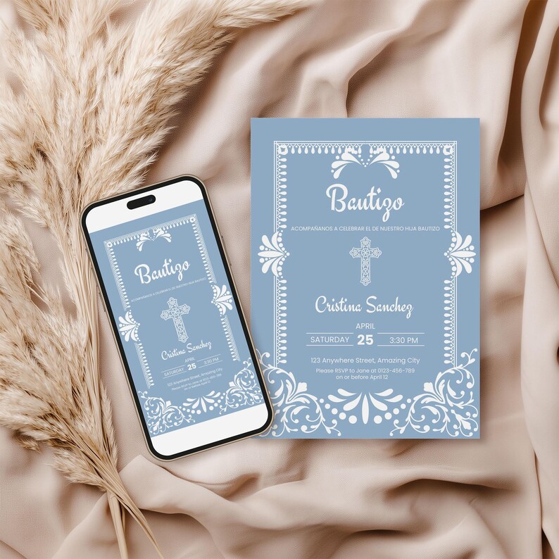 Custom Baptism Cielito Lindo Invitation Card, Dusty Blue Bautizo Fiesta ...